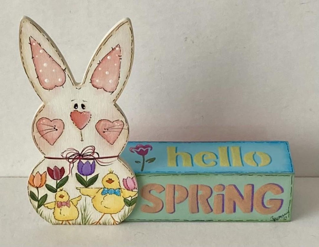 Bunny and Wooden Block, Hello Spring Rabbit, Shelf Sitter, Spring ...