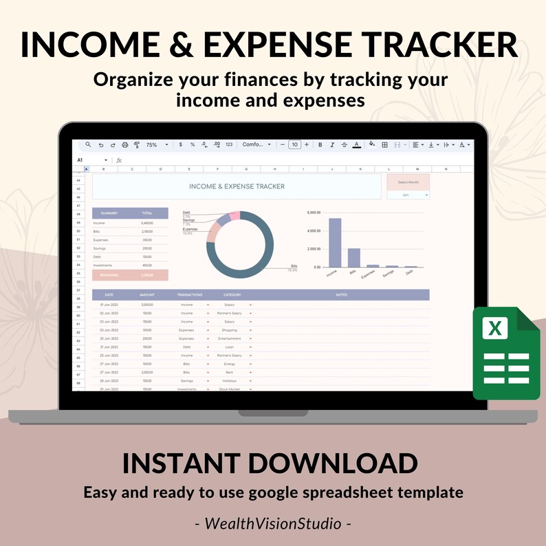 Income Expense Tracker, Spreadsheet Excel Spending Tracker, Income ...