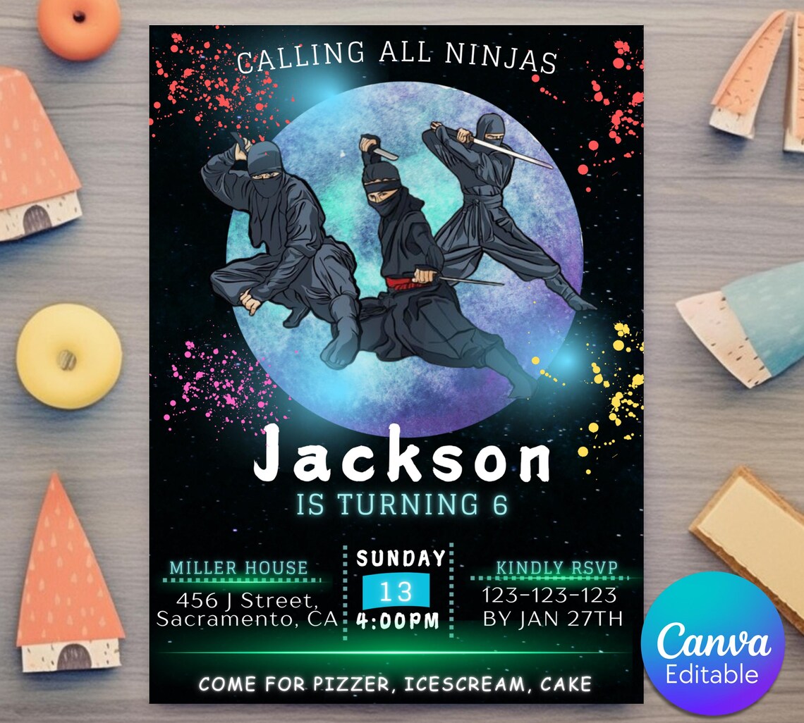 Editable Ninja Birthday Invitation, Ninja Warrior Birthday Party Invite ...