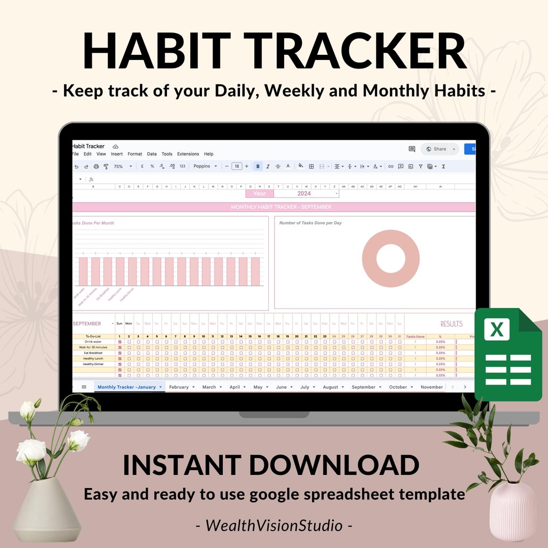 Habit Tracker Spreadsheet, Google Sheets Excel Template Daily Habit ...