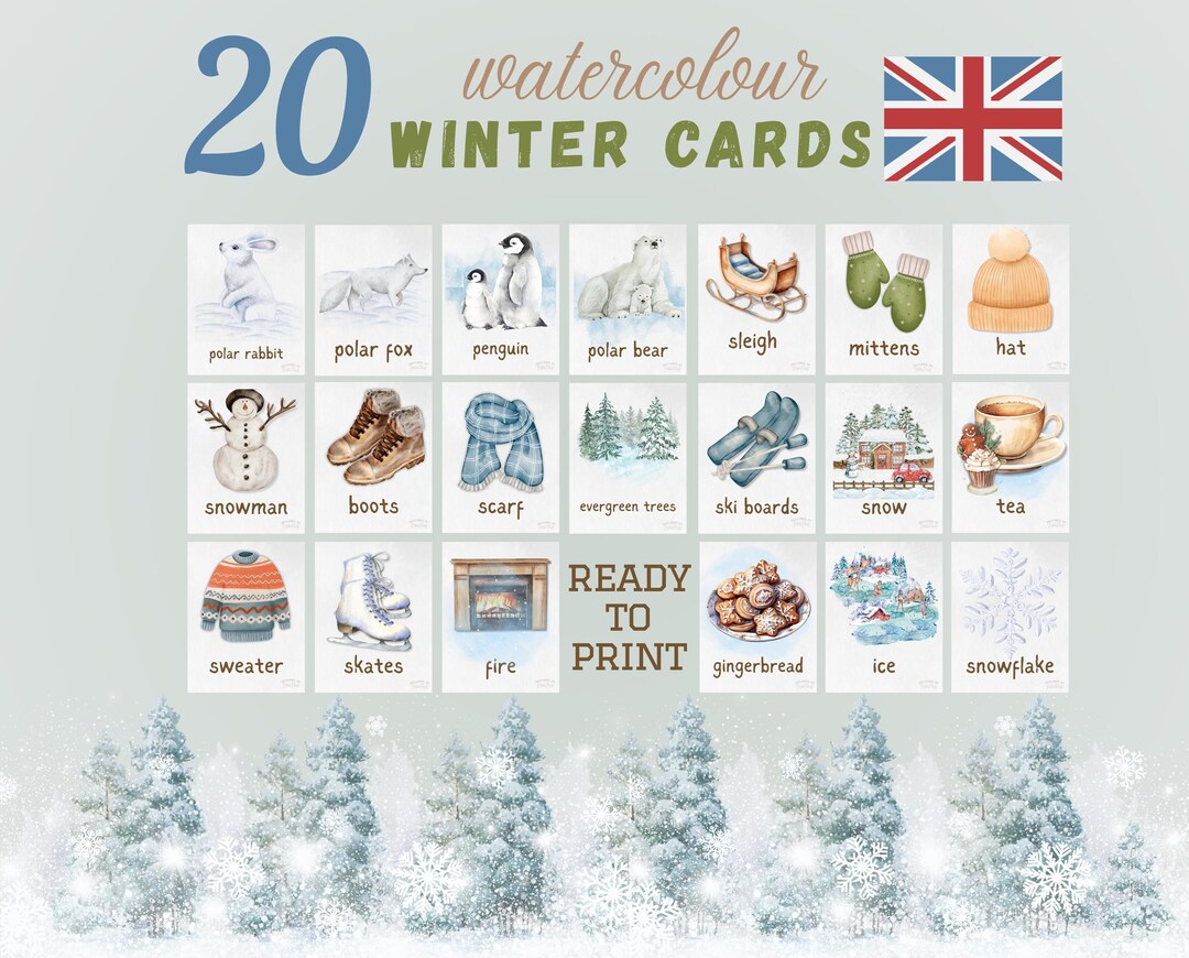 Watercolor Winter Flashcards | English Learning (digital Download) - Etsy