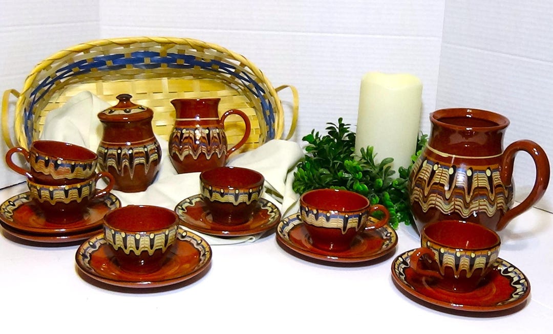 Expresso Set Bulgarian Troyan Redware Clay 6 Cups, Sugar/creamer ...