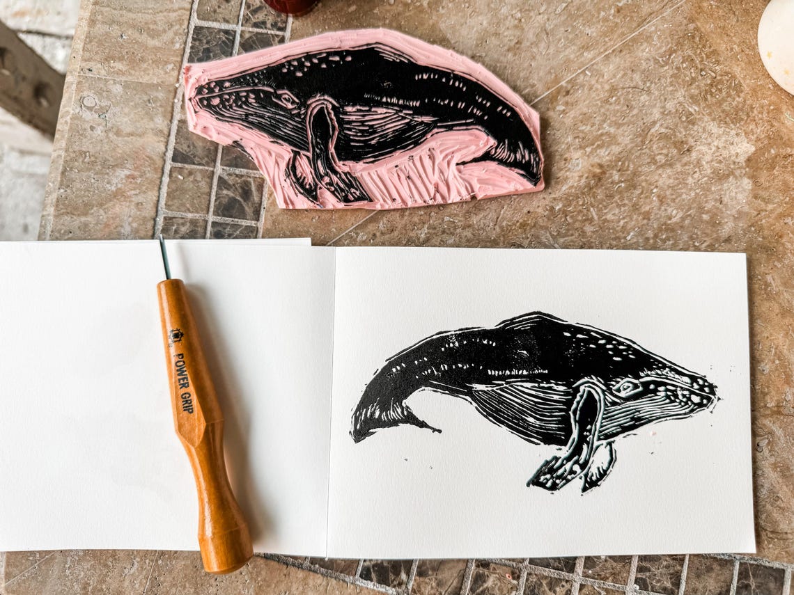 Linocut Whale, Linocut Art, Original Artwork, 5x7 Art Print, Nature Art ...