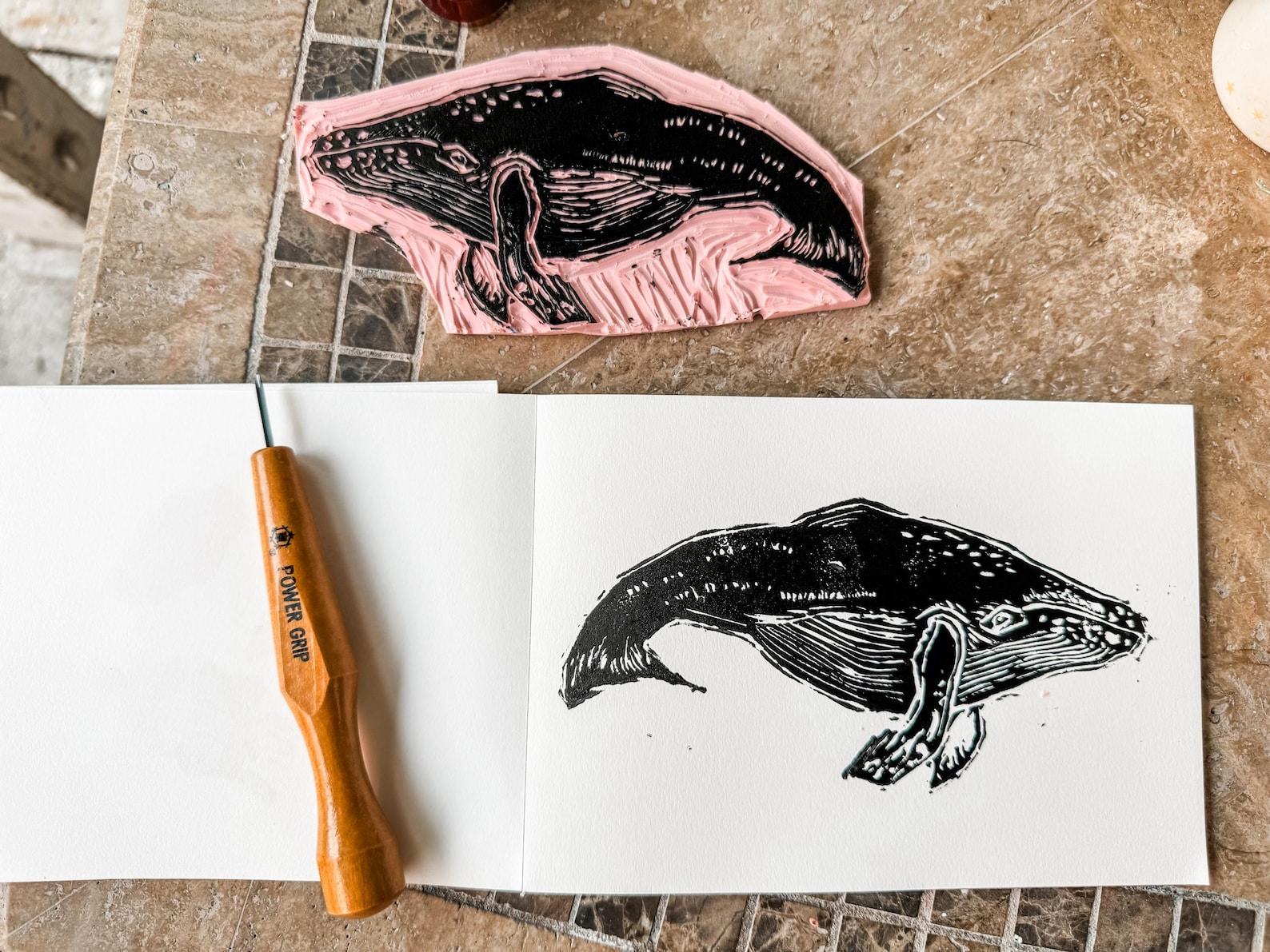Linocut Whale, Linocut Art, Original Artwork, 5x7 Art Print, Nature Art ...