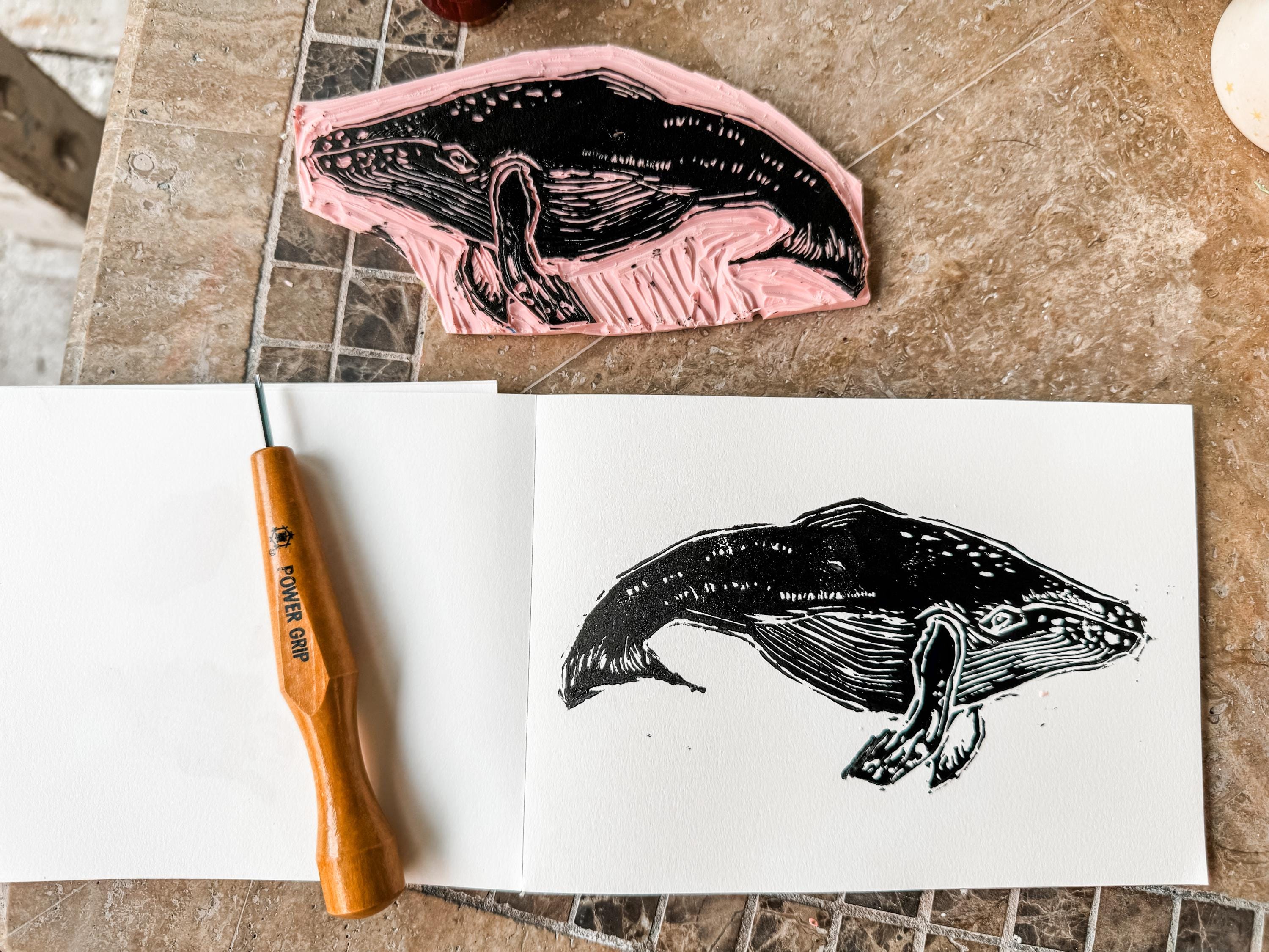 Linocut Whale, Linocut Art, Original Artwork, 5x7 Art Print, Nature Art ...
