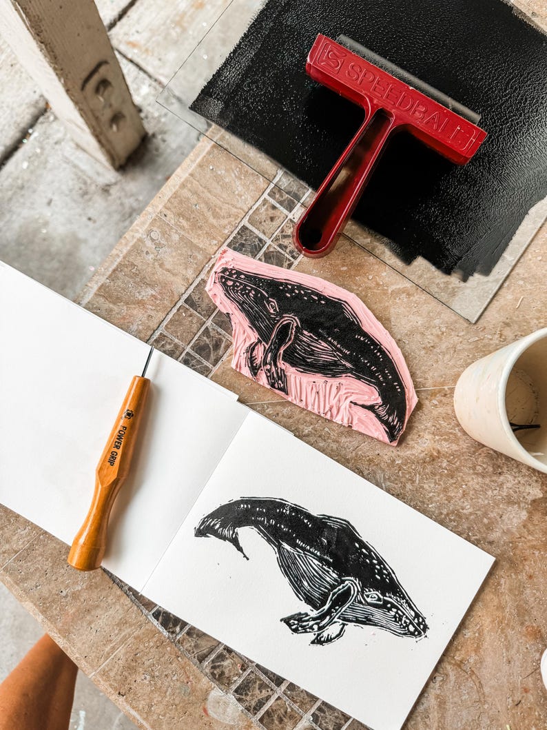 Linocut Whale, Linocut Art, Original Artwork, 5x7 Art Print, Nature Art ...