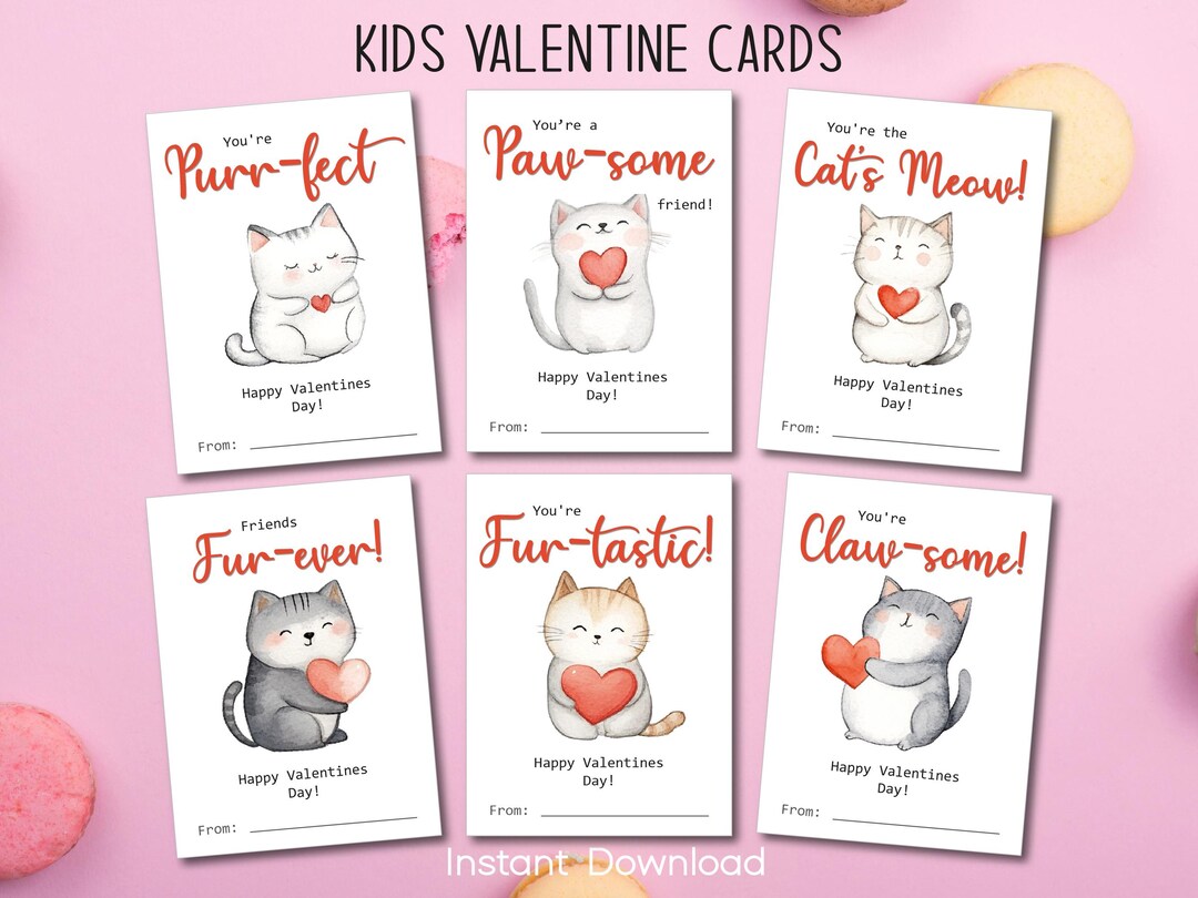 Printable Cat Valentine Cards for Kids – Cute Classroom Valentines for ...