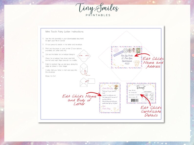 Tooth Fairy Letter Printable for Kids – Editable Mini Letter, Envelope ...