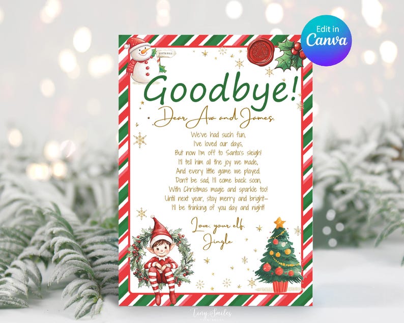 Elf Goodbye Letter Editable in Canva, Digital Download File Custom Kids ...