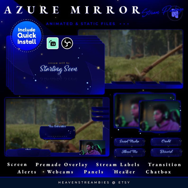 Azure Mirror Animated Stream Package, Elegant Blue Theme, Alerts ...