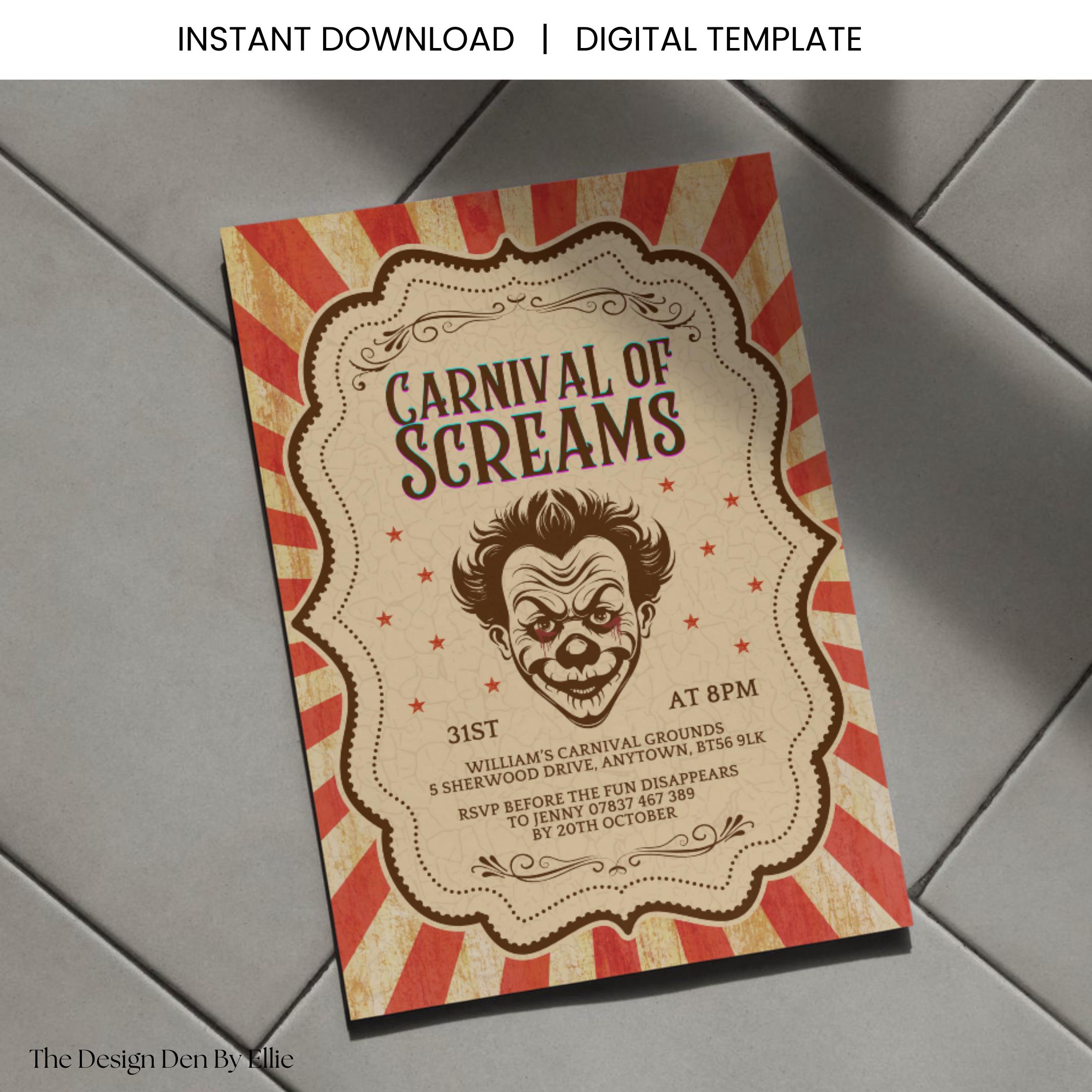 Carnival of Screams Halloween Invitation | Haunted Carnival Party ...