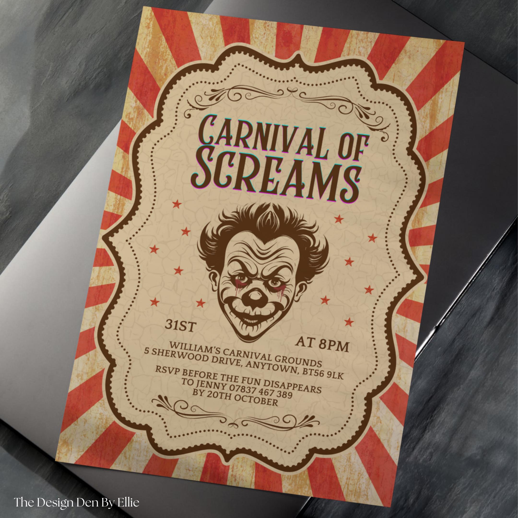 Carnival of Screams Halloween Invitation | Haunted Carnival Party ...