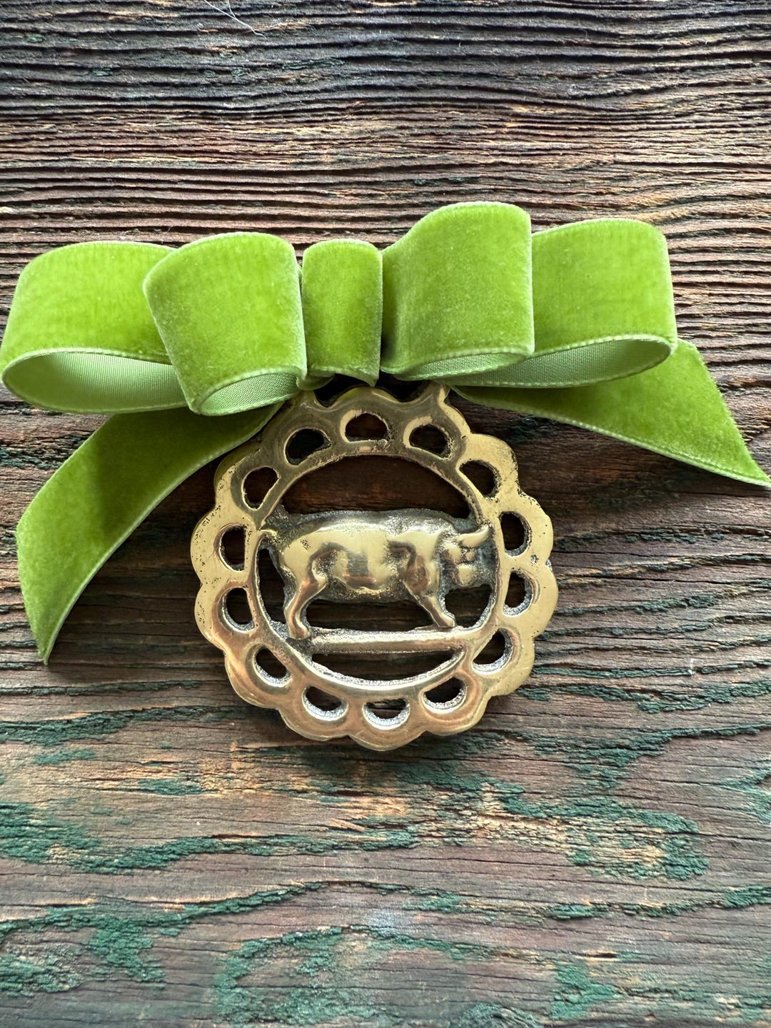 Pig and Green Velvet Ribbon Vintage Horse Brass Medallion Home Decor - Etsy