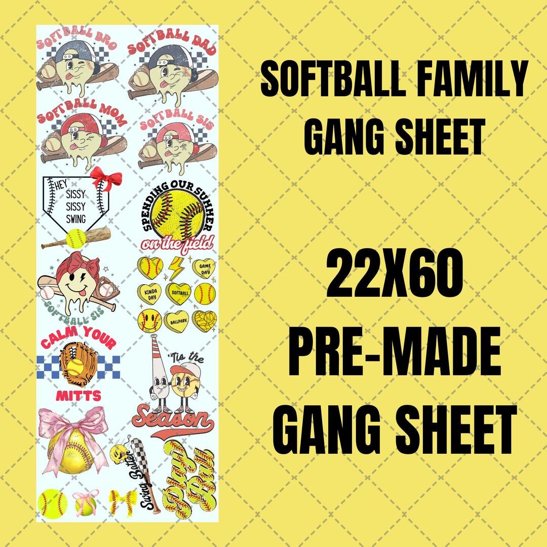 Softball Family Premade Gang Sheet 22"x60"premade Gang Sheet, Themed ...
