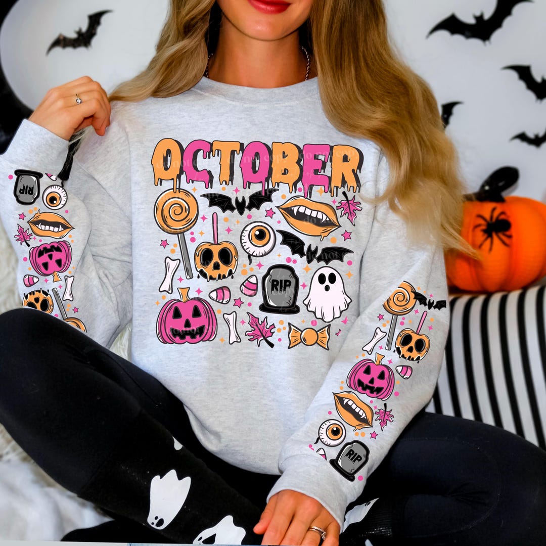 October Pink + Orange Doodles Halloween DTF Transfer , Trendy Halloween ...