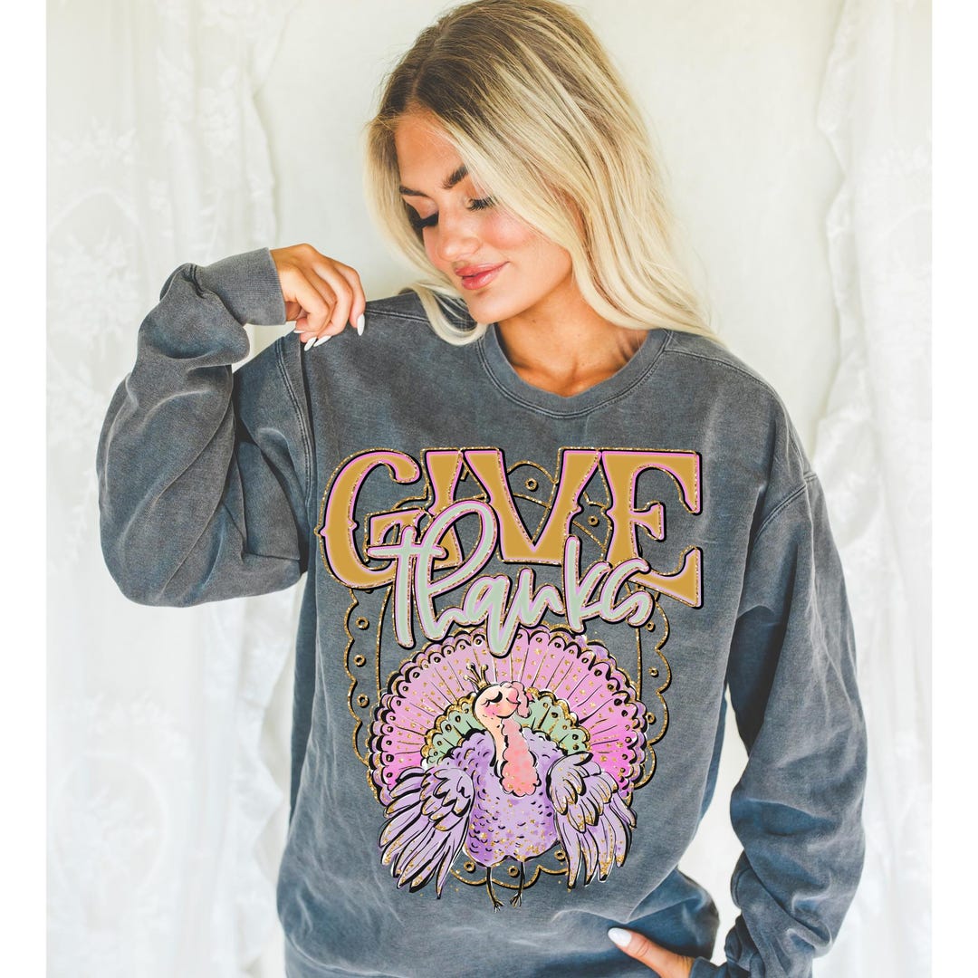 Give Thanks Faux Glitter Thanksgiving DTF Transfer, Trendy DTF, Ready ...