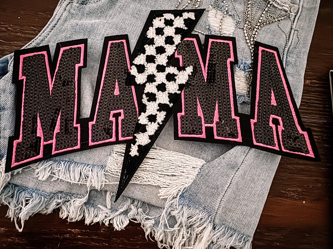 Mama Lightening Bolt Chenille Patch, Sequin Shirt Patch, Chenille Patch, Sports, Cheer, Softball ...