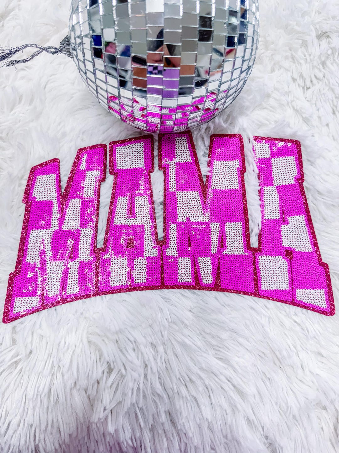 Pink Checkered Mama Sequin Chenille Patch, Sequin Chenille, Patch, Ready to Press, Heat Patch ...