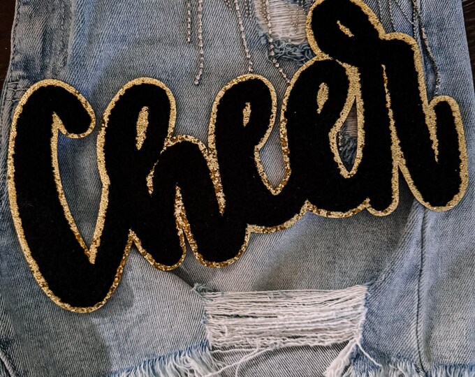 Cheer Black & Gold Glitter Chenille Patch, Sequin Shirt Patch, Chenille ...
