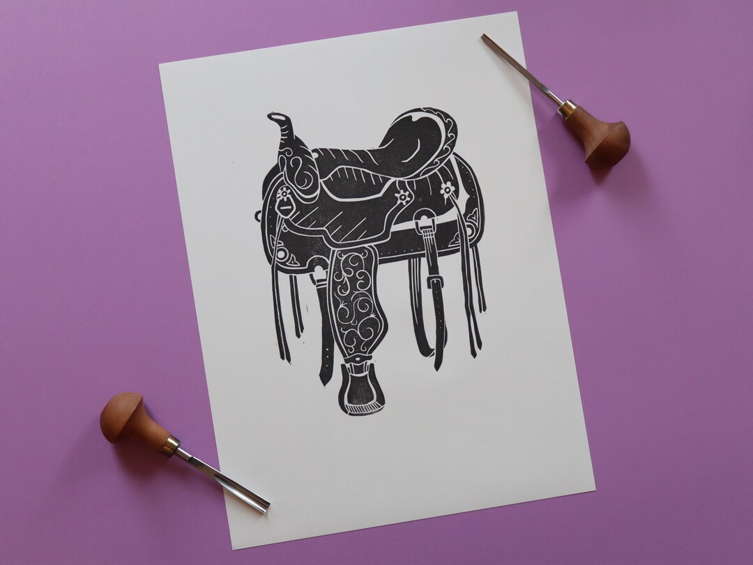 Western Saddle Linocut Print | Cowboy Cowgirl | Block Print Linocut ...