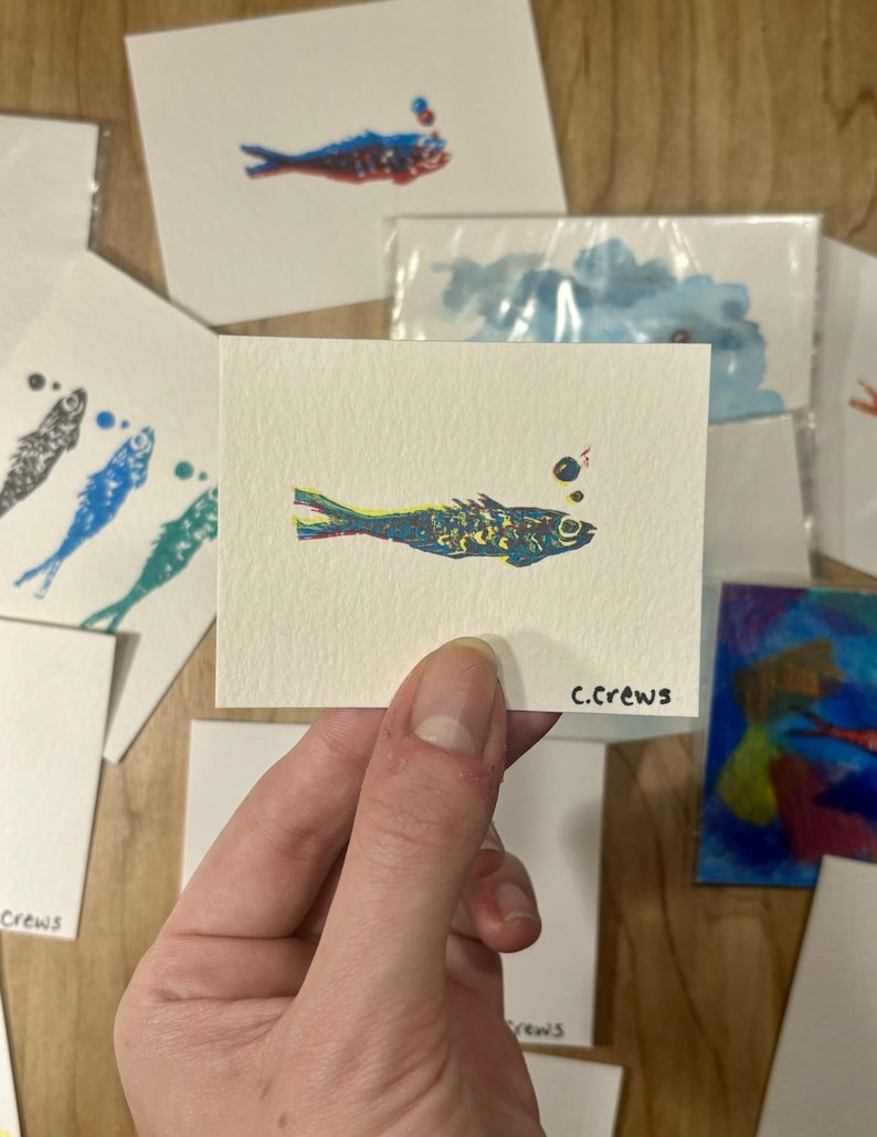 Mini Fish Painting | Original Artwork Fish Linocut | Modern Home Decor ...