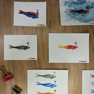 Mini Fish Painting | Original Artwork Fish Linocut | Modern Home Decor ...