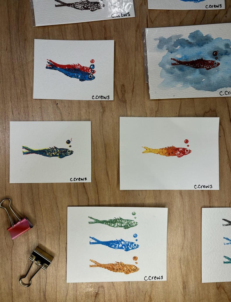 Mini Fish Painting Original Artwork Fish Linocut Modern Home Decor ...