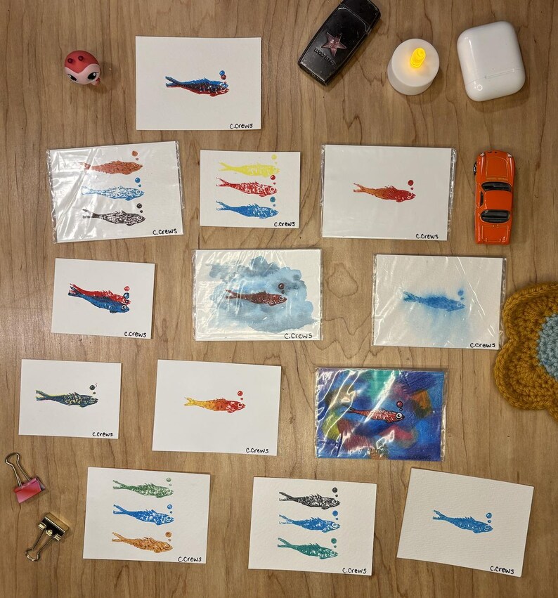 Mini Fish Painting Original Artwork Fish Linocut Modern Home Decor ...