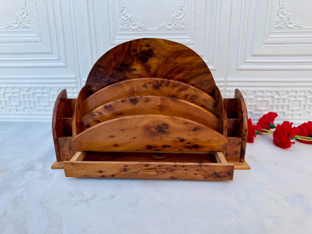 Large Hand-crafted Wooden Desk Organizer, Thuya Wood Letter Rack ...