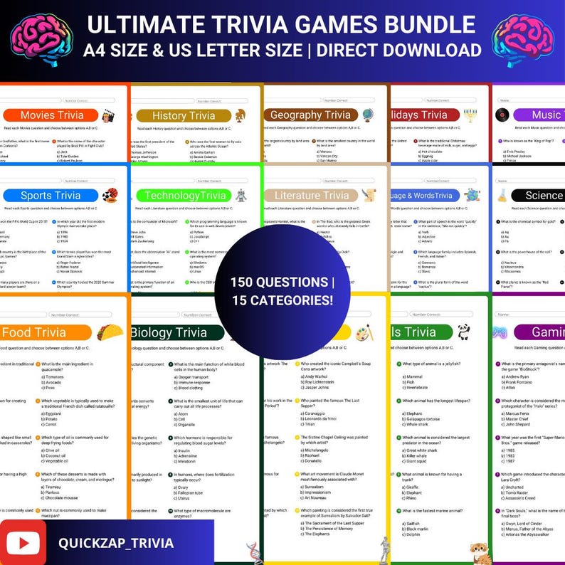 Trivia Quiz Bundle, Pubquiz, Game Night, Trivia Night, Printable Trivia ...