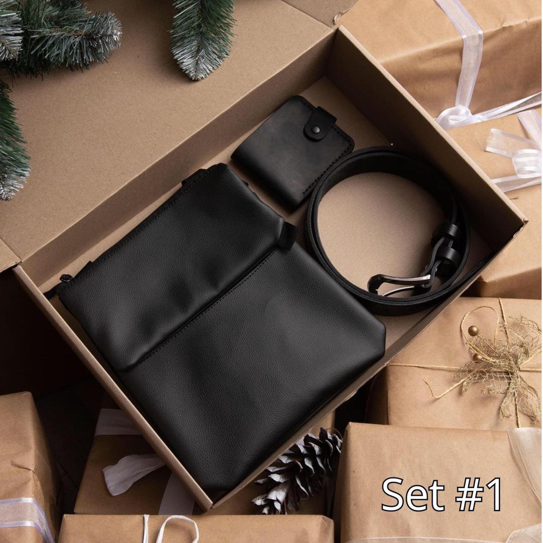 Gift Set for Men: Messenger Bag, Belt, Snap Button Wallet. Christmas Gift Best Men Proposals ...