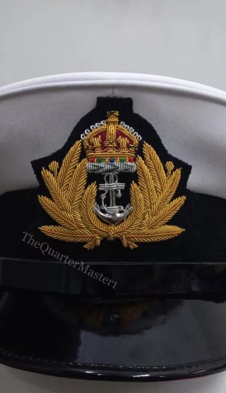 RN Royal Navy Officer Cap White Cotton Twill Top With RN Kings Crown ...