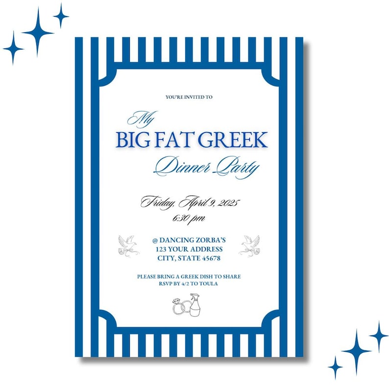 My Big Fat Greek Wedding Dinner Party Invitation and Menu, Greek Themed ...