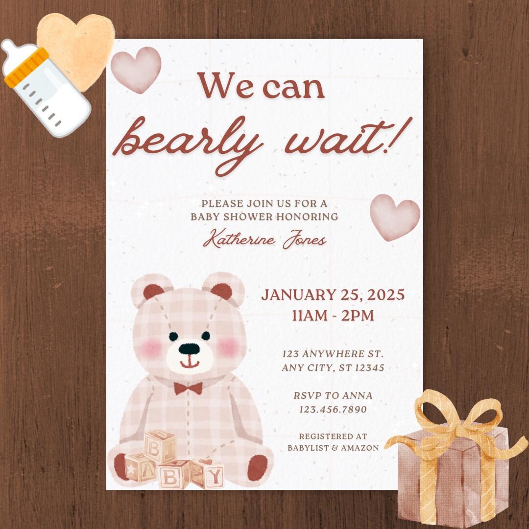 Editable Bear Baby Shower Invitation, We Can Bearly Wait Bear Invite ...