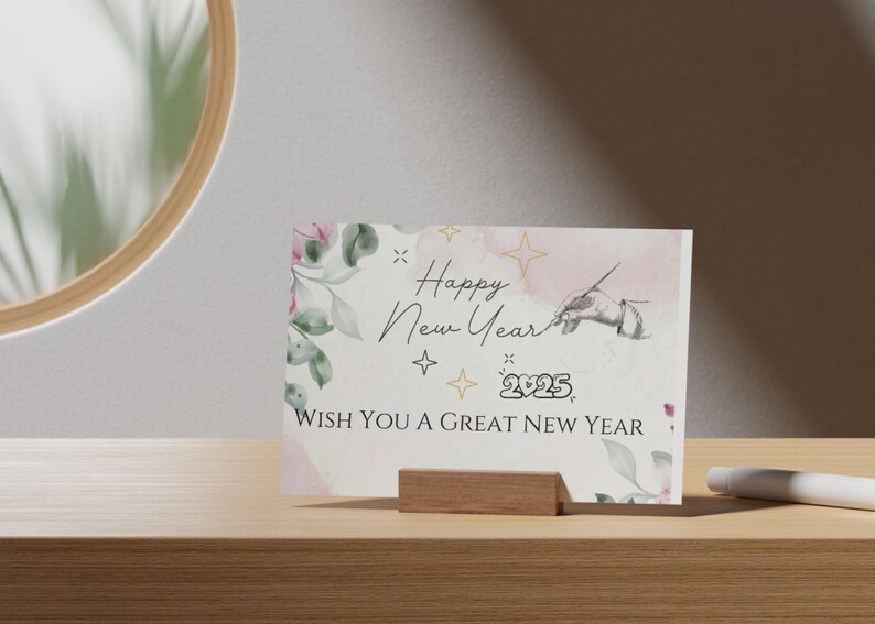 Printable Happy New Year 2025 Card Template Flora Esthetic Design Card ...