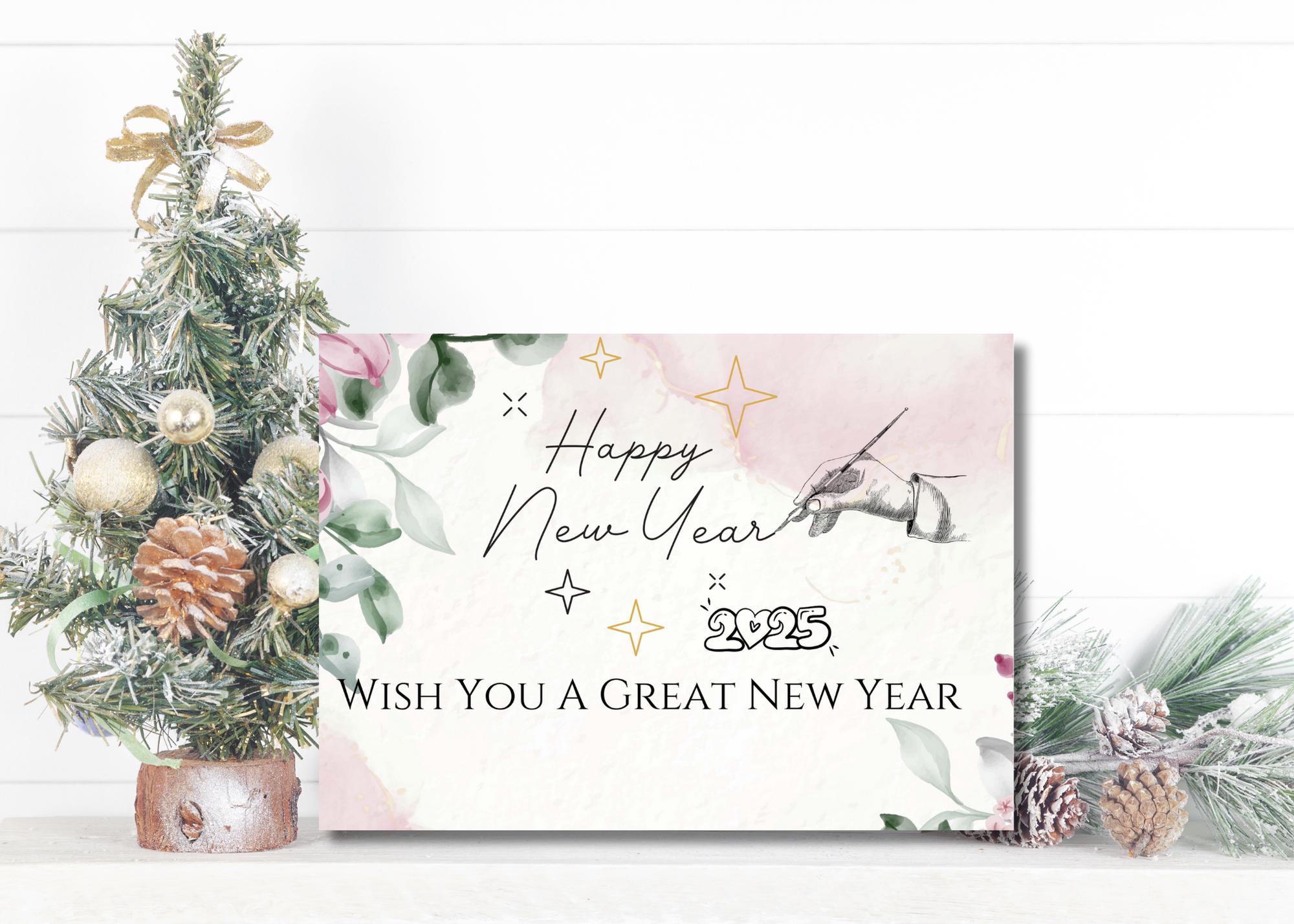 Printable Happy New Year 2025 Card Template Flora Esthetic Design Card ...