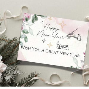 Printable Happy New Year 2025 Card Template Flora Esthetic Design Card ...