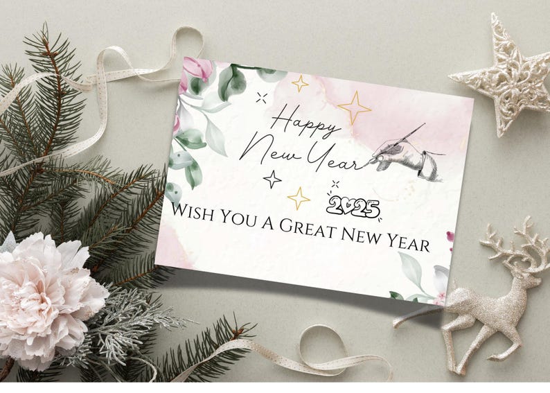 Printable Happy New Year 2025 Card Template Flora Esthetic Design Card ...