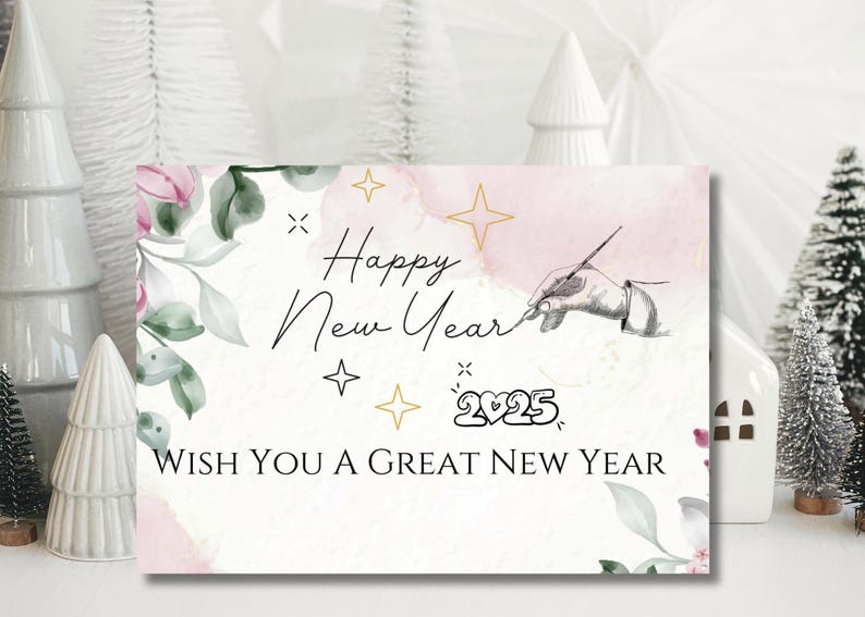 Printable Happy New Year 2025 Card Template Flora Esthetic Design Card ...