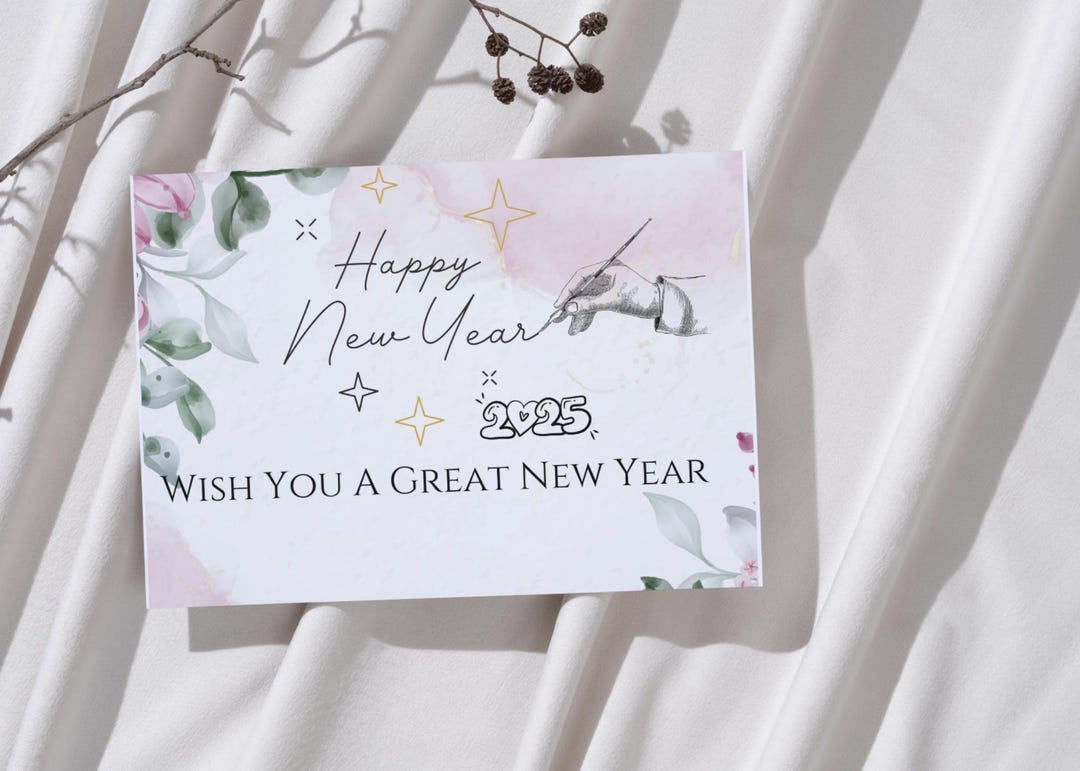 Printable Happy New Year 2025 Card Template Flora Esthetic Design Card ...