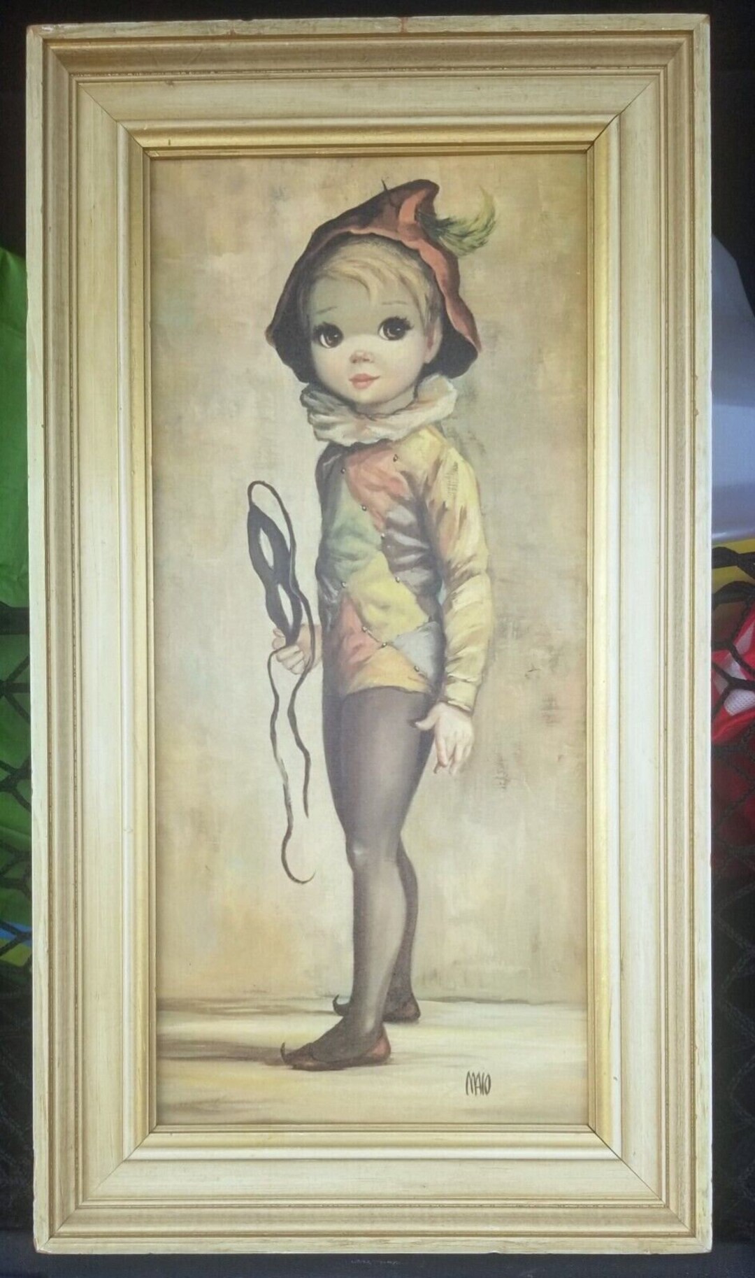 Vintage 1960s Jean Maio Harlequin Boy Big Eyes Framed Print 18"x10" Mid ...