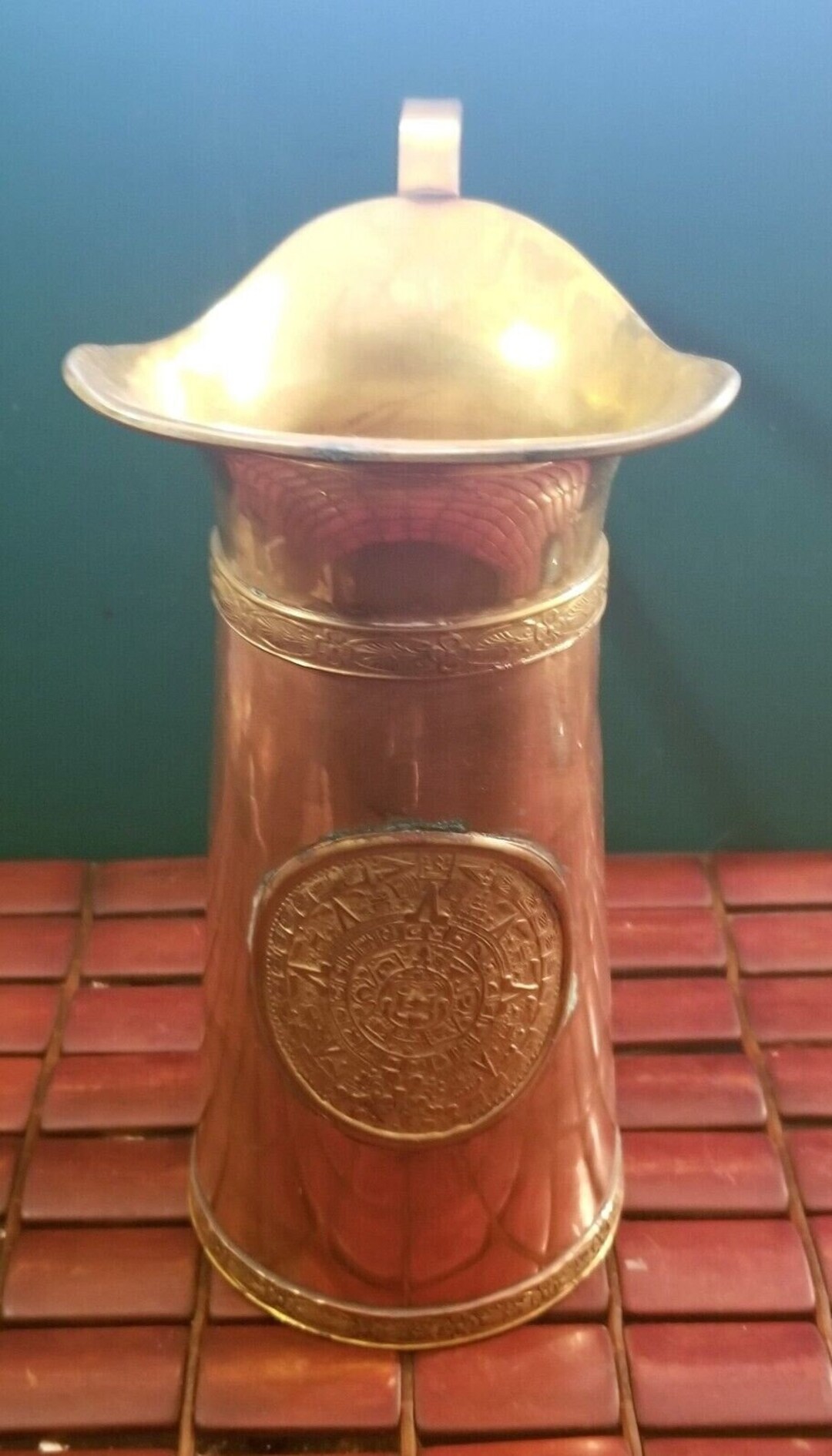 Vintage Copper & Brass Pitcher Aztec Mayan Calendar 9"x8.5"x4.25 - Etsy