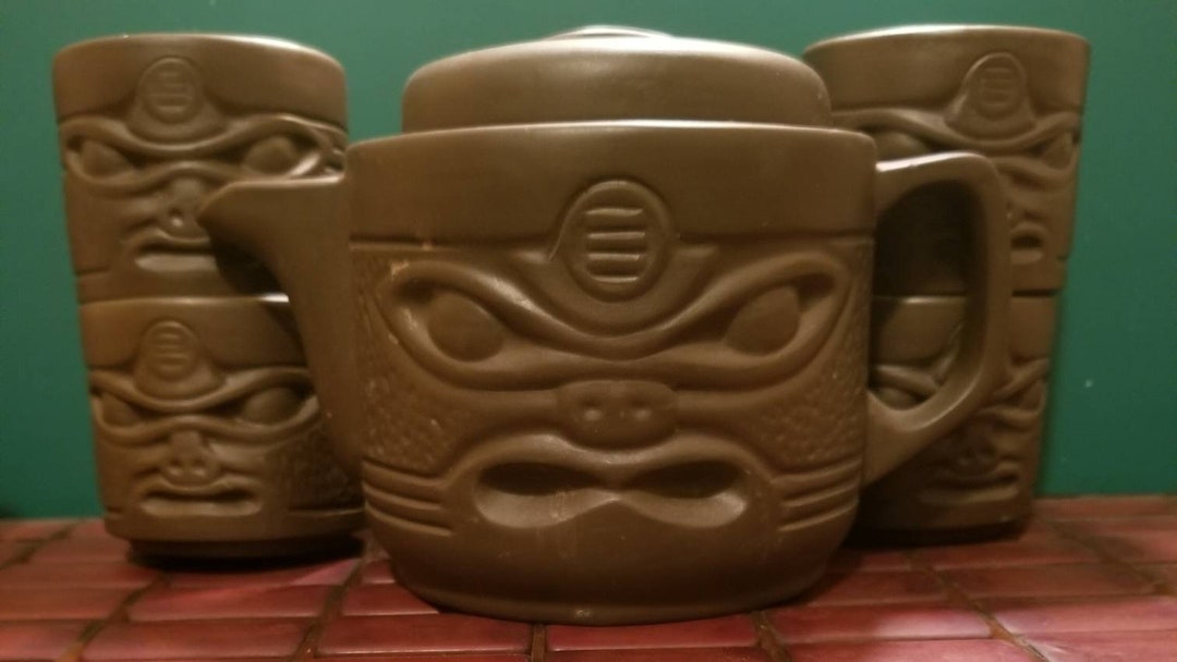 Vintage Zisha Two-faced Tiki Tea Set Teapot Lid & 4 Cups Book of Tiki ...