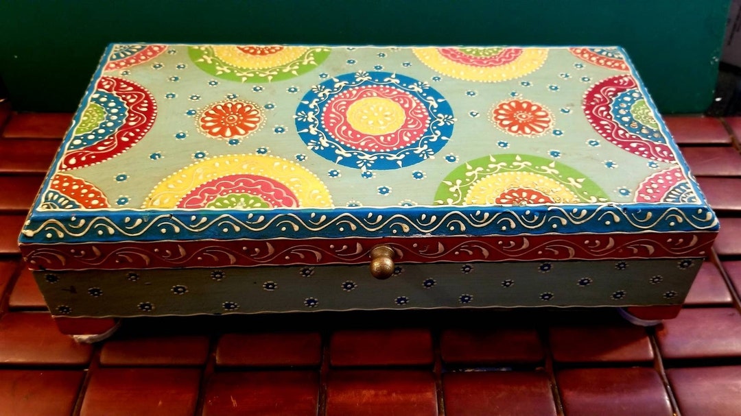 Vintage Bohemian Decorative Wooden Jewelry Trinket Box Floral Design ...