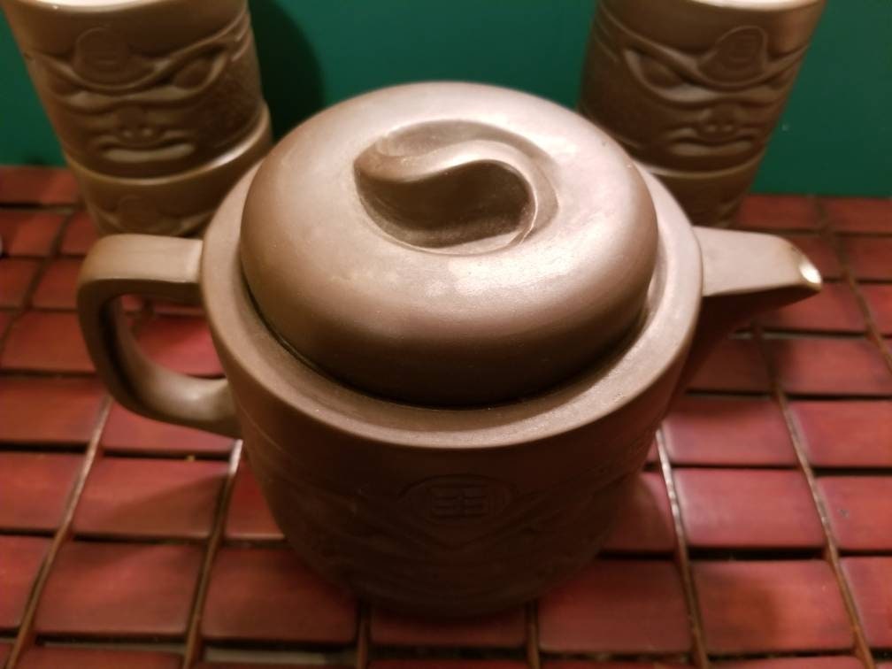 Vintage Zisha Two-faced Tiki Tea Set Teapot Lid & 4 Cups Book of Tiki ...