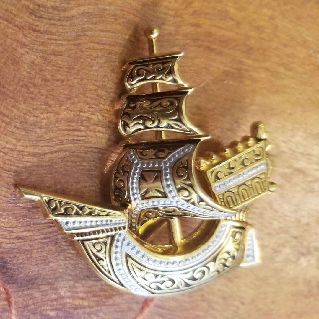 1960s Vintage Damascene Spanish Carrack Style Ship With Maltese Cross ...