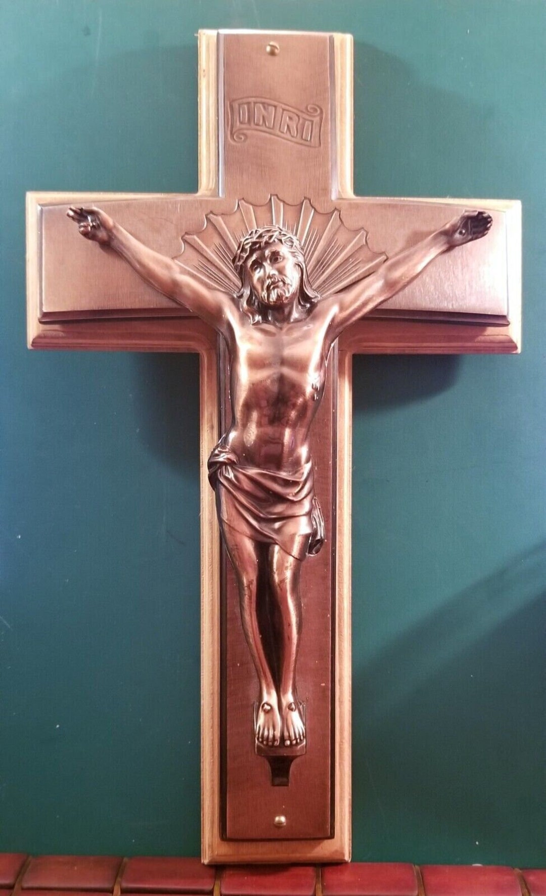 Vintage Curved Bronze Crucifix Casket Topper Mounted on Board 16.5
