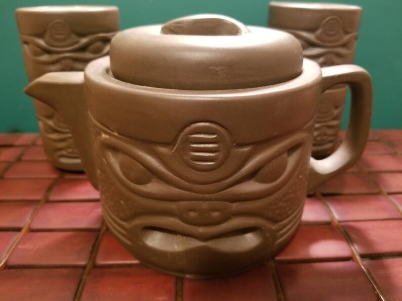 Vintage Zisha Two-faced Tiki Tea Set Teapot Lid & 4 Cups Book of Tiki ...