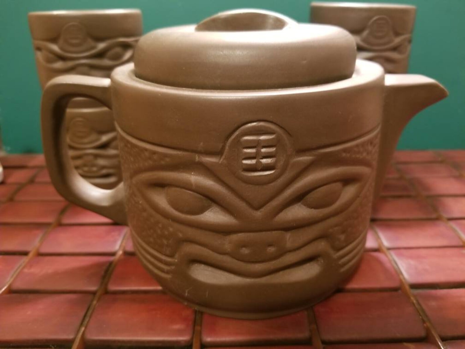 Vintage Zisha Two-faced Tiki Tea Set Teapot Lid & 4 Cups Book of Tiki ...