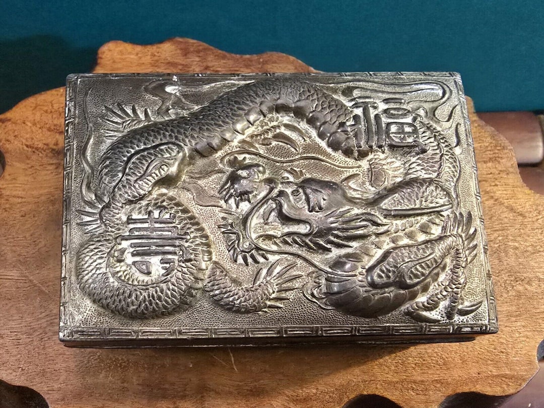 Vintage Japanese Repousse Dragon & Landscape Silver Tone Trinket Box 3. ...